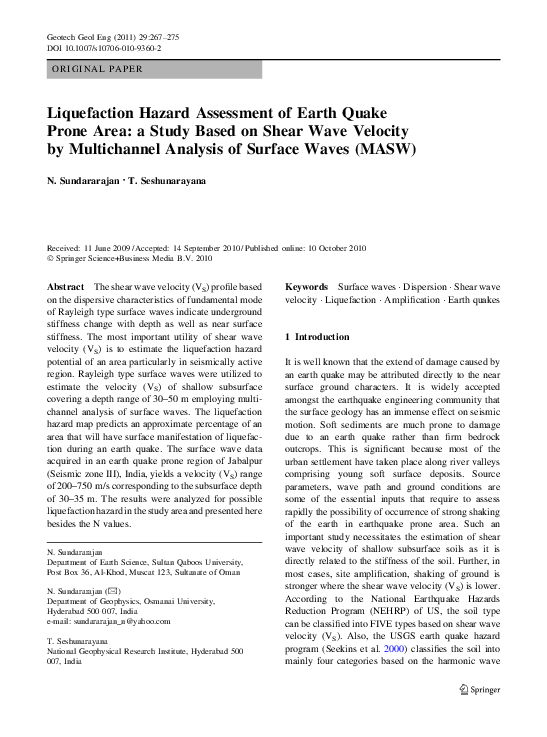 (PDF) Liquefaction Hazard Assessment of Earth Quake Prone Area: a Study Based on Shear Wave ...
