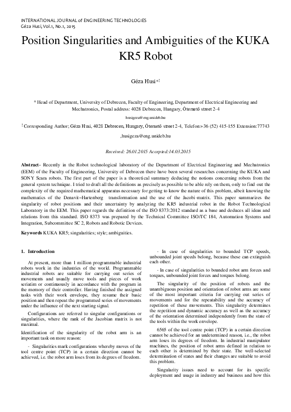 (PDF) Position Singularities and Ambiguities of the KUKA KR5 Robot