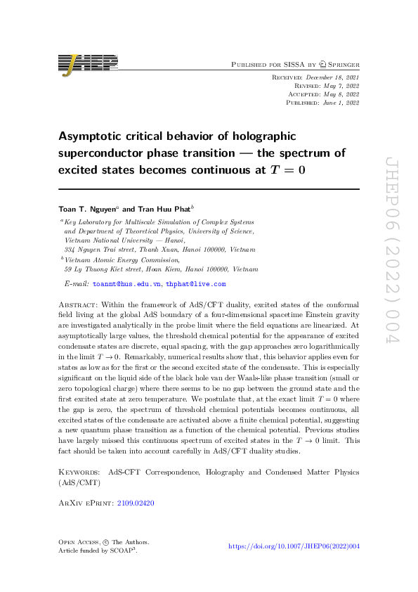 (PDF) Asymptotic critical behavior of holographic superconductor phase transition — the spectrum ...