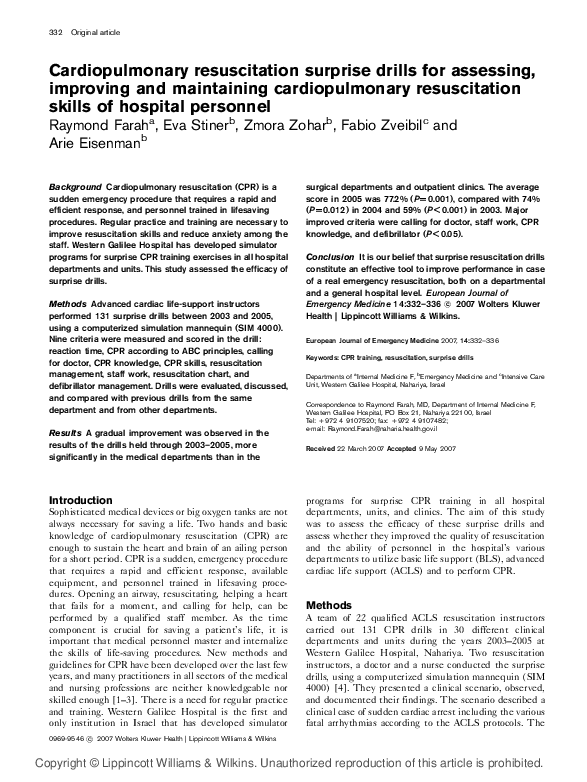 (PDF) Cardiopulmonary resuscitation surprise drills for assessing, improving and maintaining ...