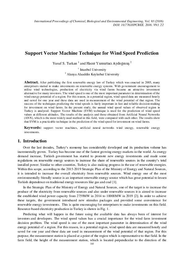 (PDF) Support Vector Machine Technique for Wind Speed Prediction