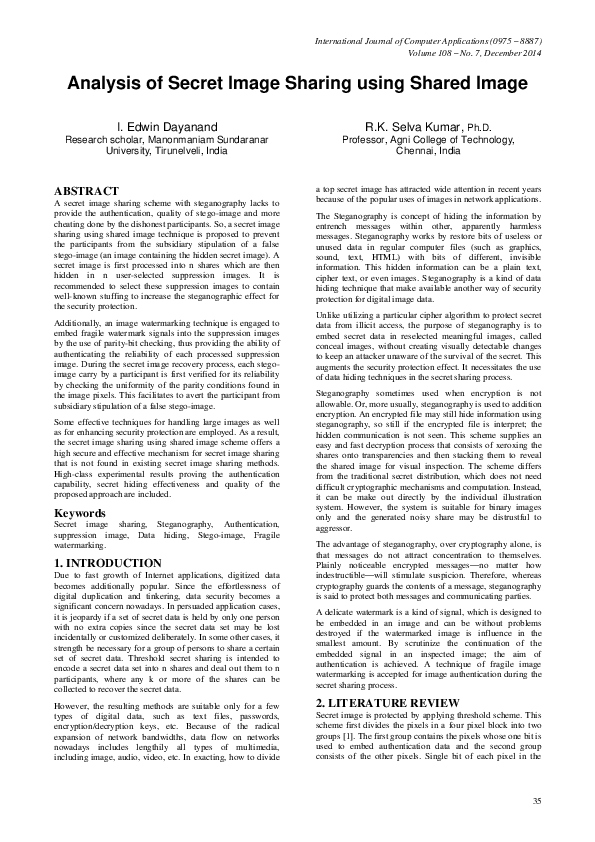 (PDF) Analysis of Secret Image Sharing using Shared Image
