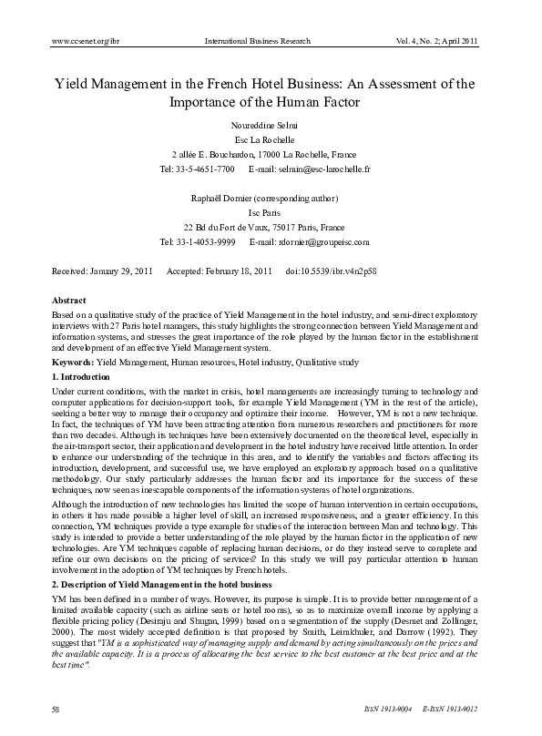 (PDF) Yield Management in the French hotel business: An assessment of ...