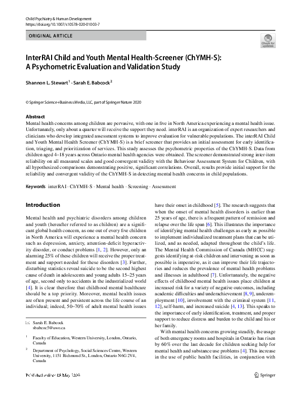 (PDF) interRAI Child and Youth Mental Health Screener (ChYMH-S ...