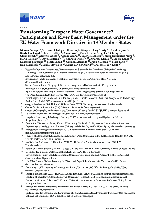 Pdf Transforming European Water Governance Participation And River Basin Management Under The