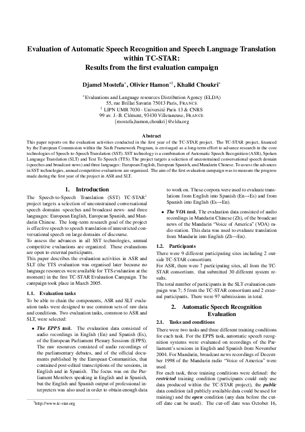 (PDF) Evaluation of Automatic Speech Recognition and Speech Language Translation within TC-STAR ...