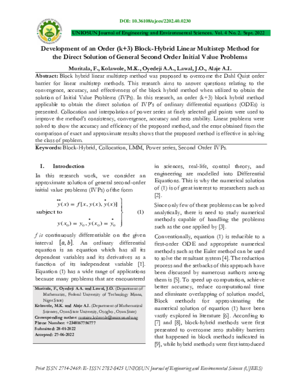Pdf Development Of An Order K3 Block Hybrid Linear Multistep Method For The Direct Solution