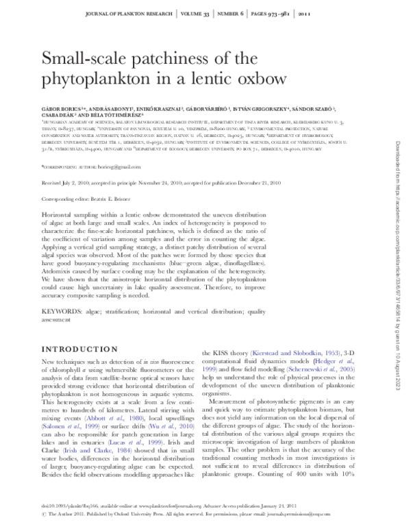 (PDF) Small-scale patchiness of the phytoplankton in a lentic oxbow