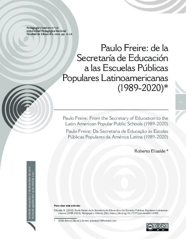 (PDF) Paulo Freire: de la Secretaría de Educación a las Escuelas ...