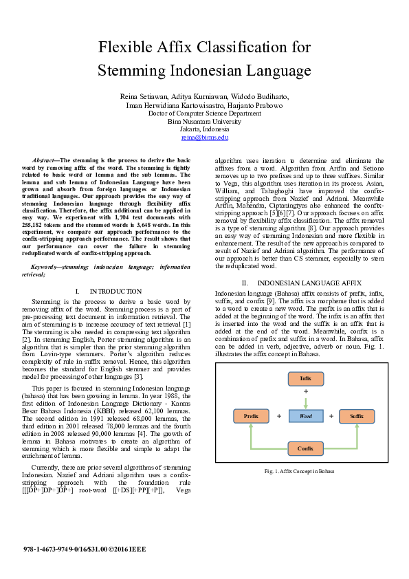 Pdf Flexible Affix Classification For Stemming Indonesian Language