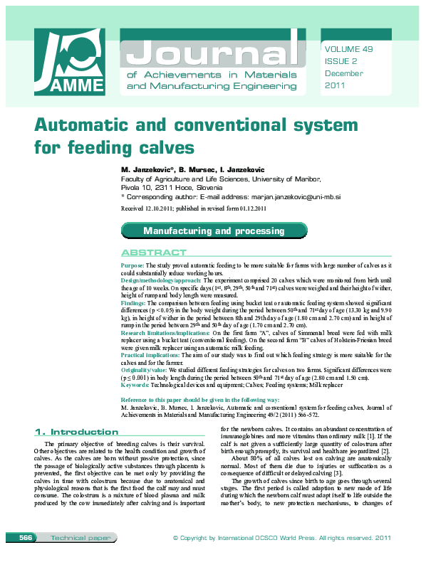 (PDF) Automatic and conventional system for feeding calves