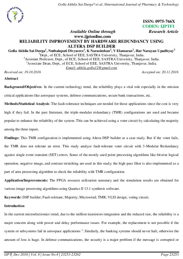 Pdf Reliability Improvement By Hardware Redundancy Using Altera Dsp Builder Golla Akhila
