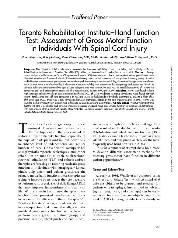 (PDF) Toronto Rehabilitation Institute–Hand Function Test: Assessment ...