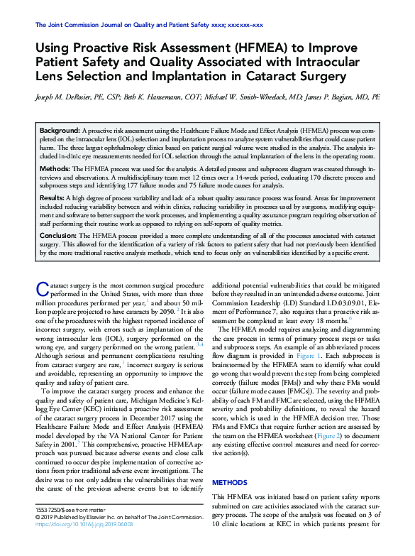 (PDF) Using Proactive Risk Assessment (HFMEA) to Improve Patient Safety and Quality Associated ...