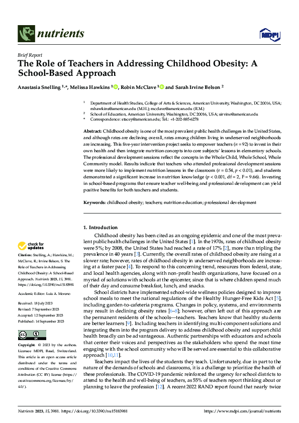 (PDF) The Role of Teachers in Addressing Childhood Obesity: A School ...