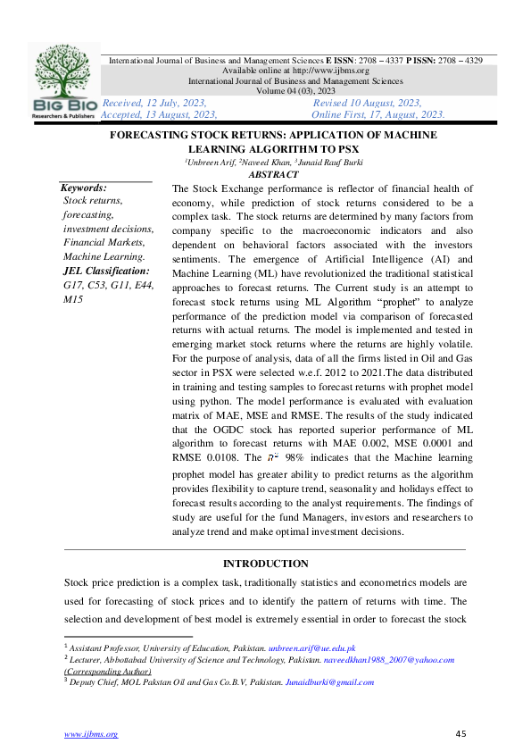 Pdf Forecasting Stock Returns Application Of Machine Learning