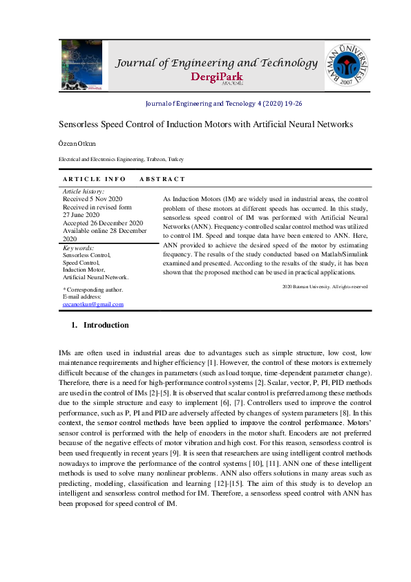 (PDF) Sensorless Speed Control of Induction Motors with Artificial Neural Networks | Dr. Özcan ...