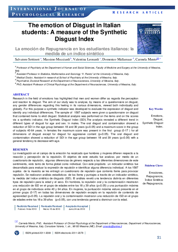 (PDF) The emotion of Disgust in Italian students: A measure of the ...