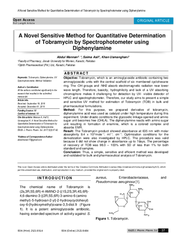 (PDF) A Novel Sensitive Method for Quantitative Determination of Tobramycin by Spectrophotometer ...
