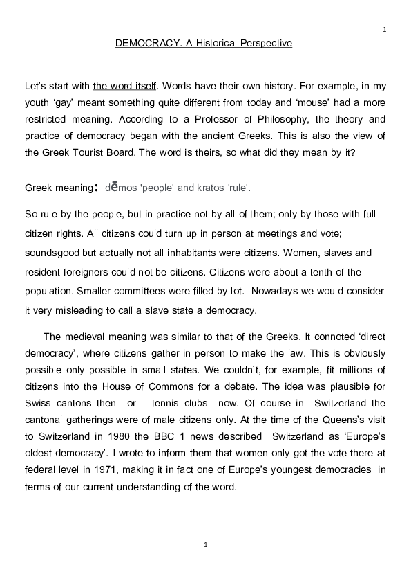 (DOC) DEMOCRACY. A Historical Perspective . words have their own history. For example, in my ...