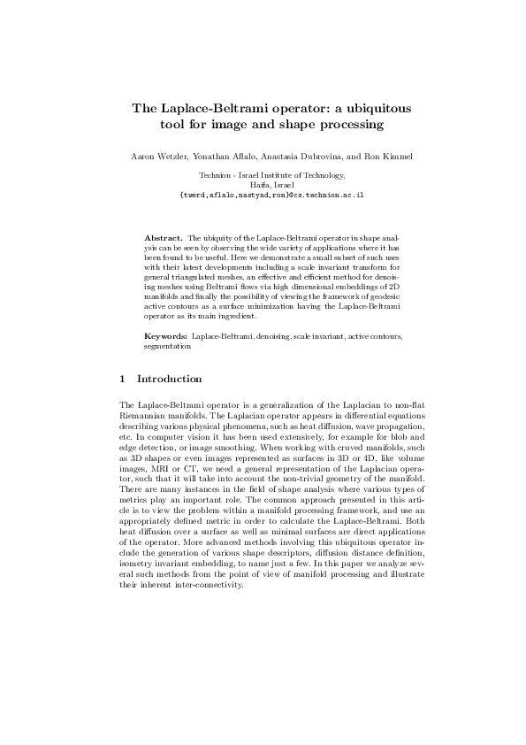 (PDF) The Laplace-Beltrami Operator: A Ubiquitous Tool for Image and Shape Processing