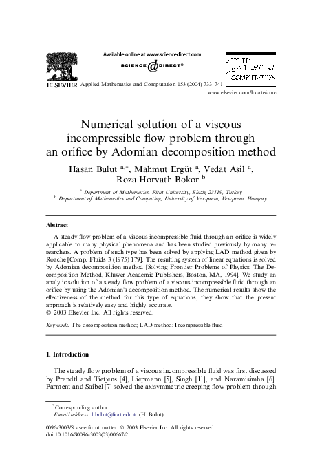 Pdf Numerical Solution Of A Viscous Incompressible Flow Problem Through An Orifice By Adomian