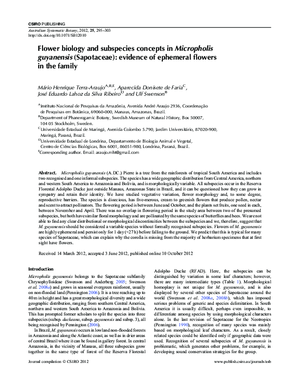 (PDF) Flower biology and subspecies concepts in Micropholis guyanensis ...