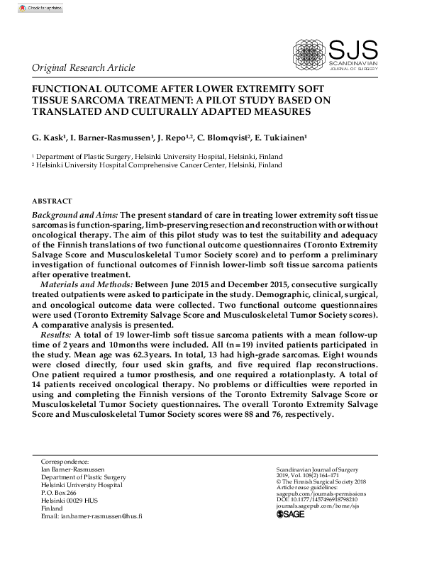 (PDF) Functional Outcome After Lower Extremity Soft Tissue Sarcoma Treatment: A Pilot Study ...