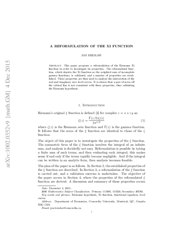 (PDF) A Reformulation of the Xi Function