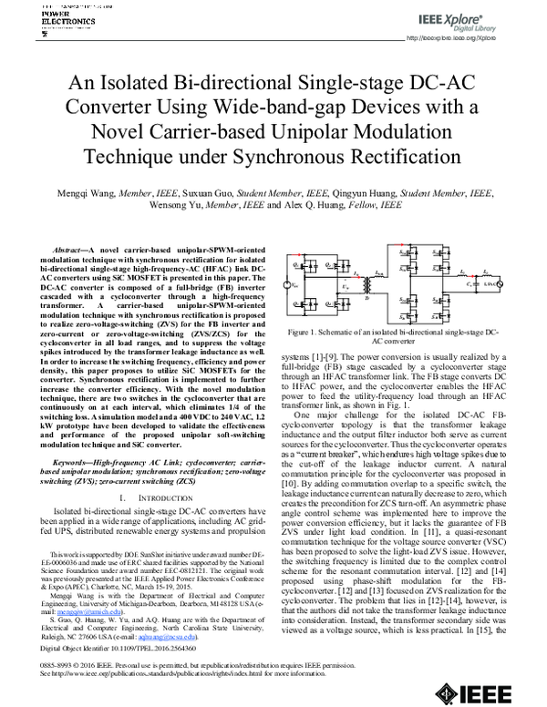 Pdf An Isolated Bidirectional Single Stage Dc Ac Converter Using Wide Band Gap Devices With A