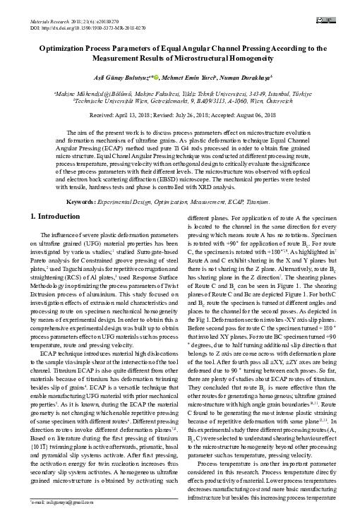 (PDF) Optimization Process Parameters of Equal Angular Channel Pressing According to the ...