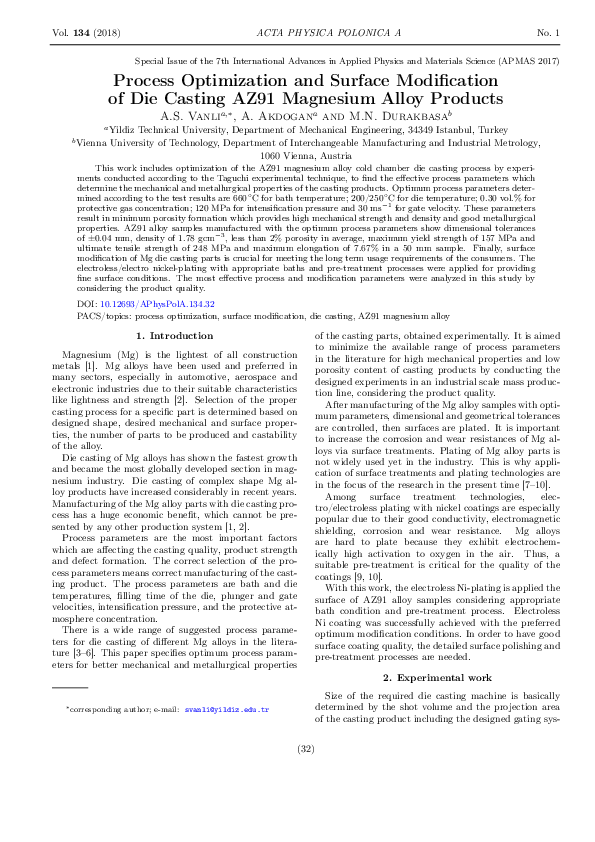 (PDF) Process Optimization and Surface Modification of Die Casting AZ91 Magnesium Alloy Products