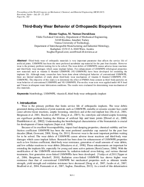 (PDF) Third Body Wear Behavior of Orthopaedic Biopolymers