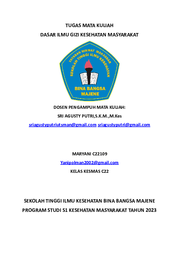 (DOC) TUGAS MATA KULIAH DASAR ILMU GIZI KESEHATAN MASYARAKAT DOSEN PENGAMPUH MATA KULIAH