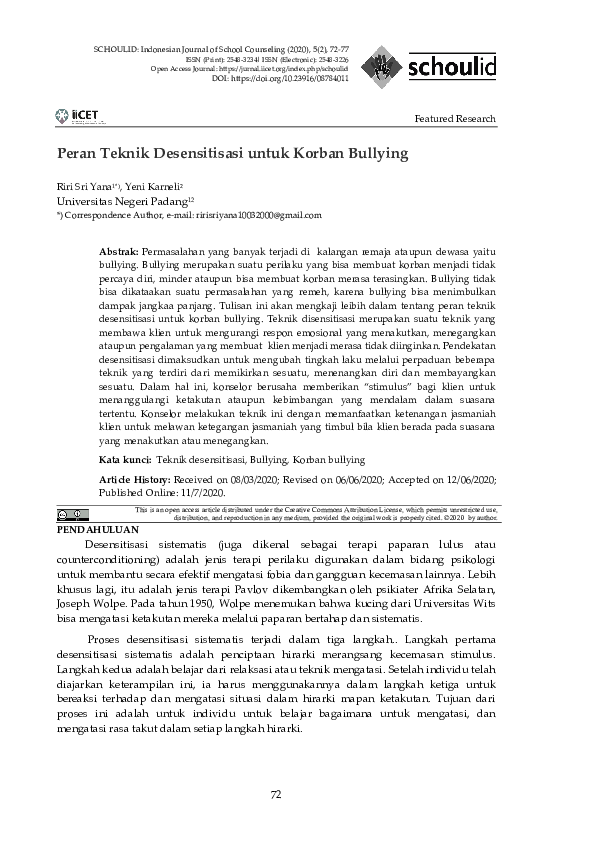 (PDF) Peran Teknik Desensitisasi untuk Korban Bullying | Sri Yana ...