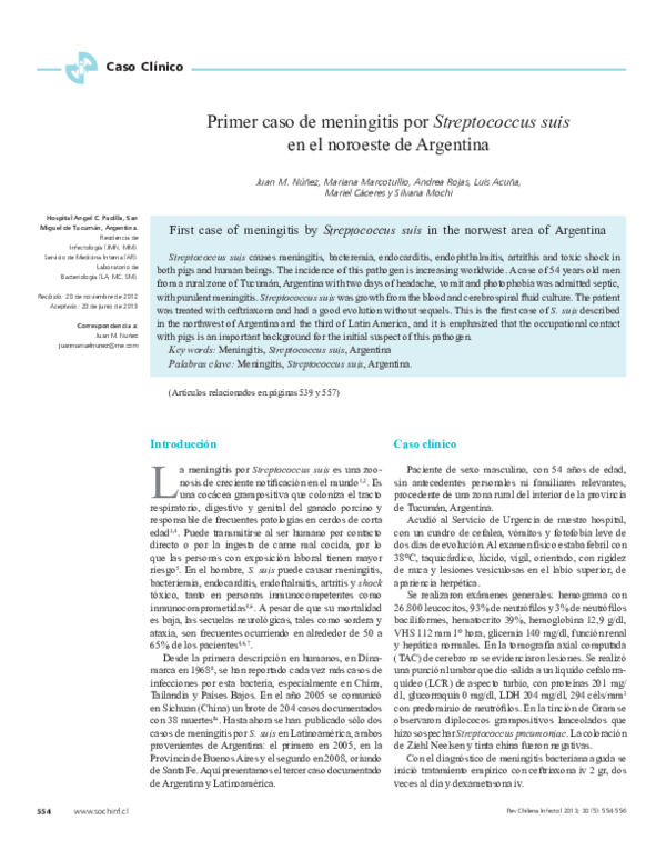 (PDF) Primer caso de meningitis por Streptococcus suis en el noroeste ... (PDF) Primer caso de meningitis por Streptococcus suis en el noroeste ...