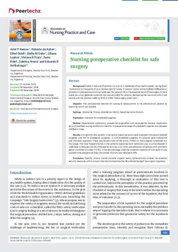(PDF) Nursing preoperative checklist for safe surgery | Roberto Anton ...