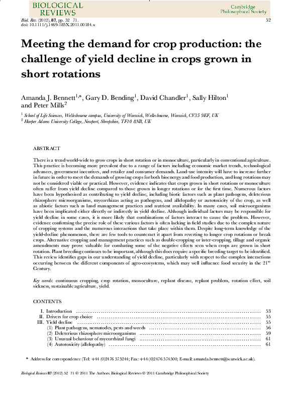 (PDF) Meeting the demand for crop production: the challenge of yield ...