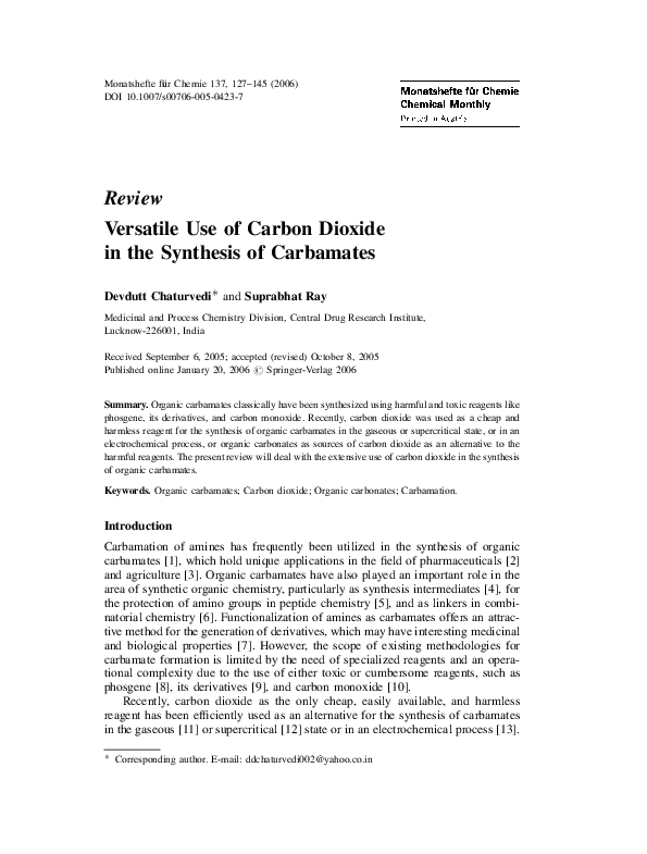(PDF) Versatile Use of Carbon Dioxide in the Synthesis of Carbamates