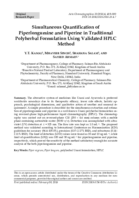 Pdf Simultaneous Quantification Of Piperlongumine And Piperine In