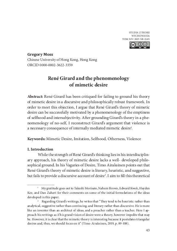 (PDF) Rene Girard and the Phenomenology of Mimetic Desire