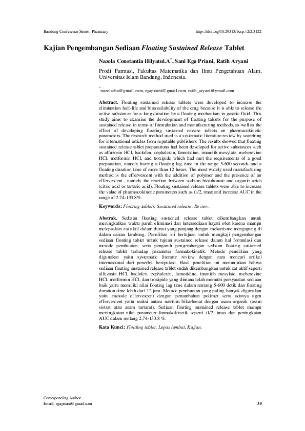 Pdf Kajian Pengembangan Sediaan Floating Sustained Release Tablet