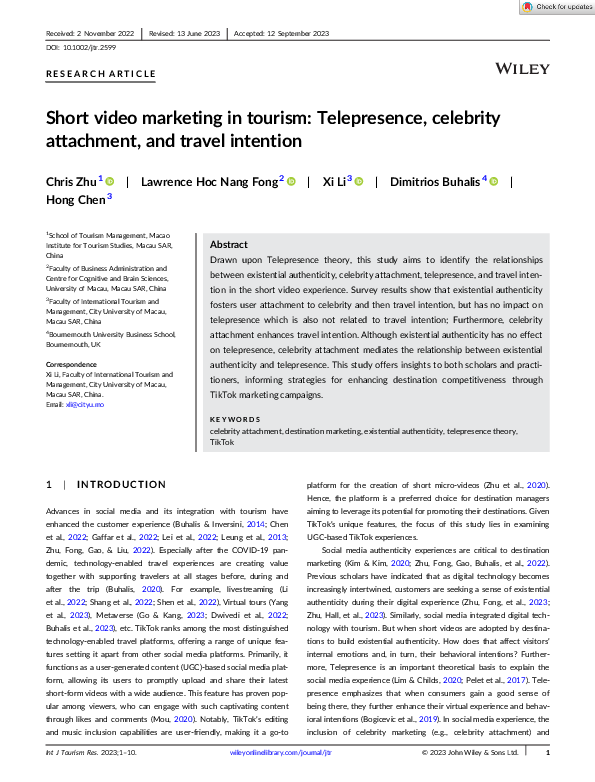 (PDF) Zhu, C., Fong, L., Li, X., Buhalis, D., Chen, H., 2024, Short video marketing in tourism ...