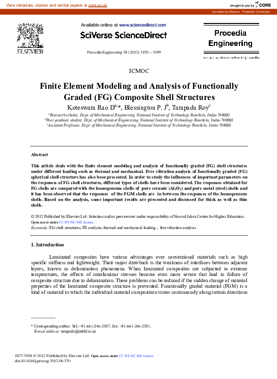 Finite Element Modeling And Analysis Of Functionally Graded Fg Composite Shell Structures