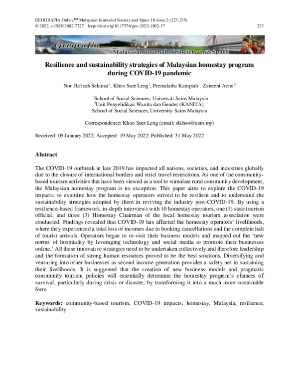 (PDF) Resilience and sustainability strategies of Malaysian homestay ...