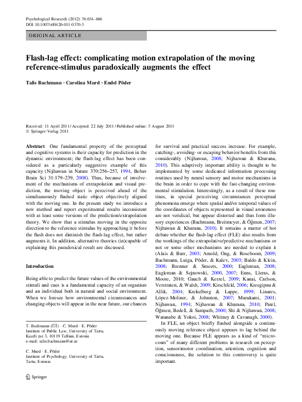 (PDF) Flash-lag effect: complicating motion extrapolation of the moving reference-stimulus ...