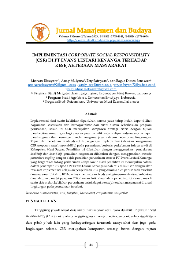 (PDF) Implementasi Corporate Social Responsibility (CSR) DI PT Evans ...