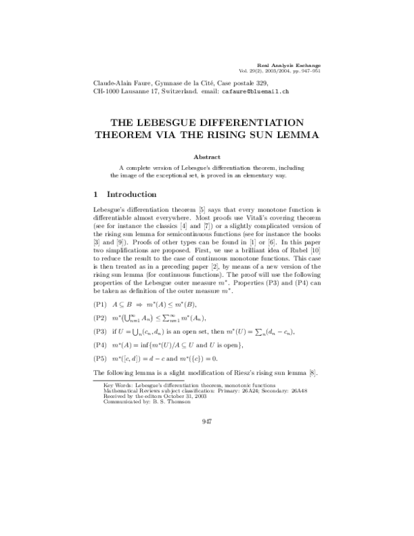(PDF) The Lebesgue Differentiation Theorem via the Rising Sun Lemma
