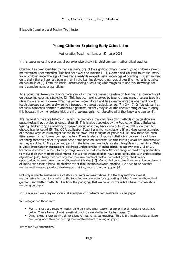 (PDF) Young Children Exploring Early Calculation | Elizabeth Carruthers ...