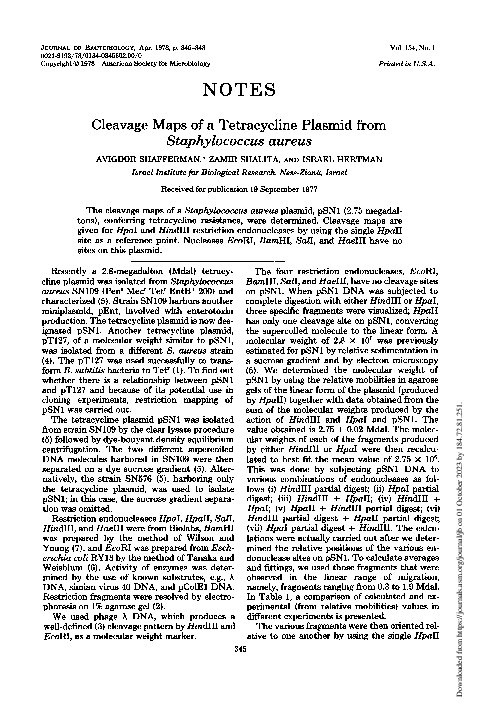 (PDF) Cleavage maps of a tetracycline plasmid from Staphylococcus aureus